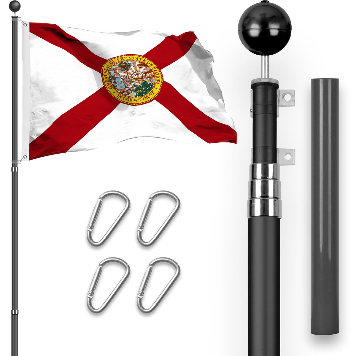 G128 Combo Pack: 16 Ft Telescoping Aluminum Flagpole (Black) & Florida — G128store.com