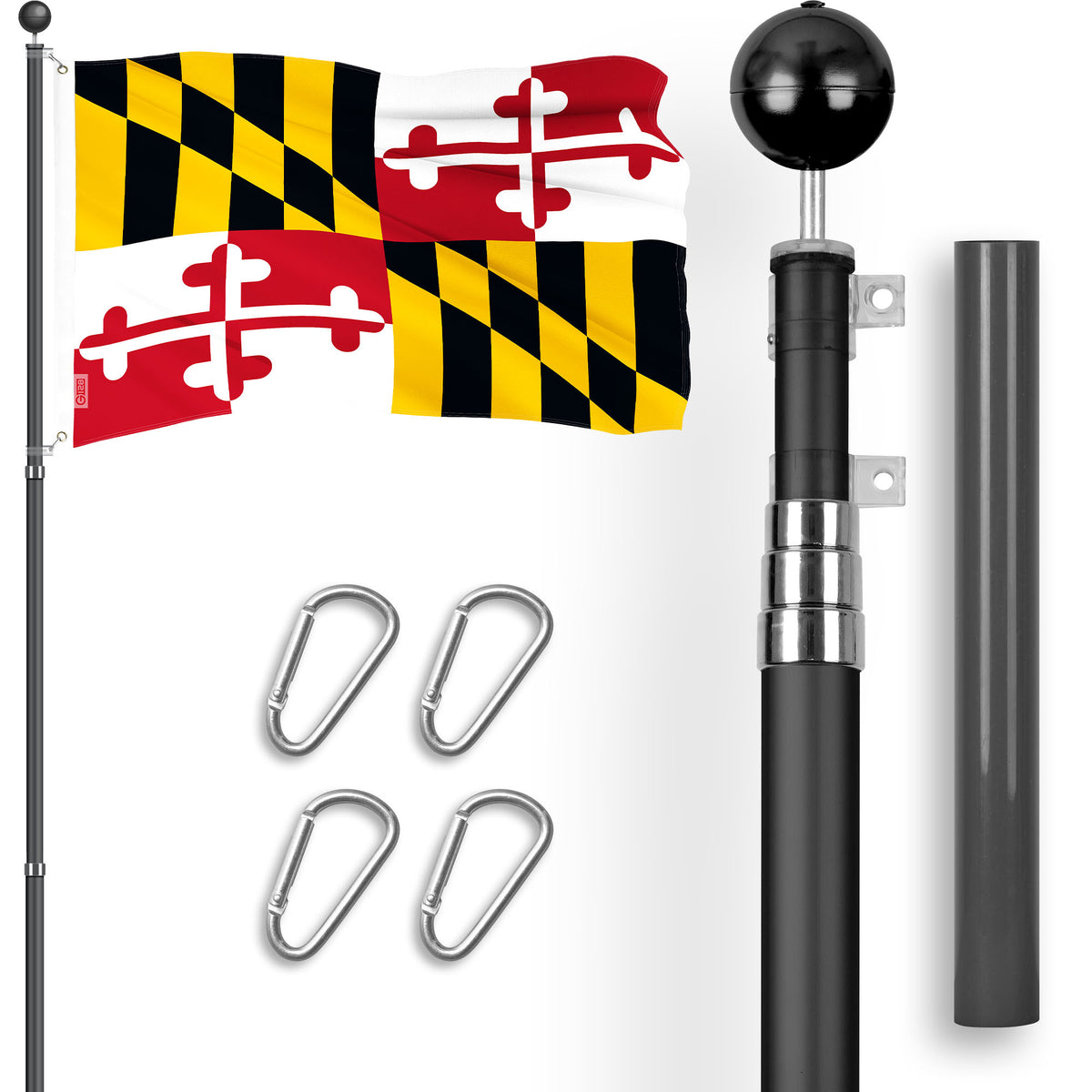 G128 Combo Pack: 16 Ft Telescoping Aluminum Flagpole (Black) & Marylan — G128store.com