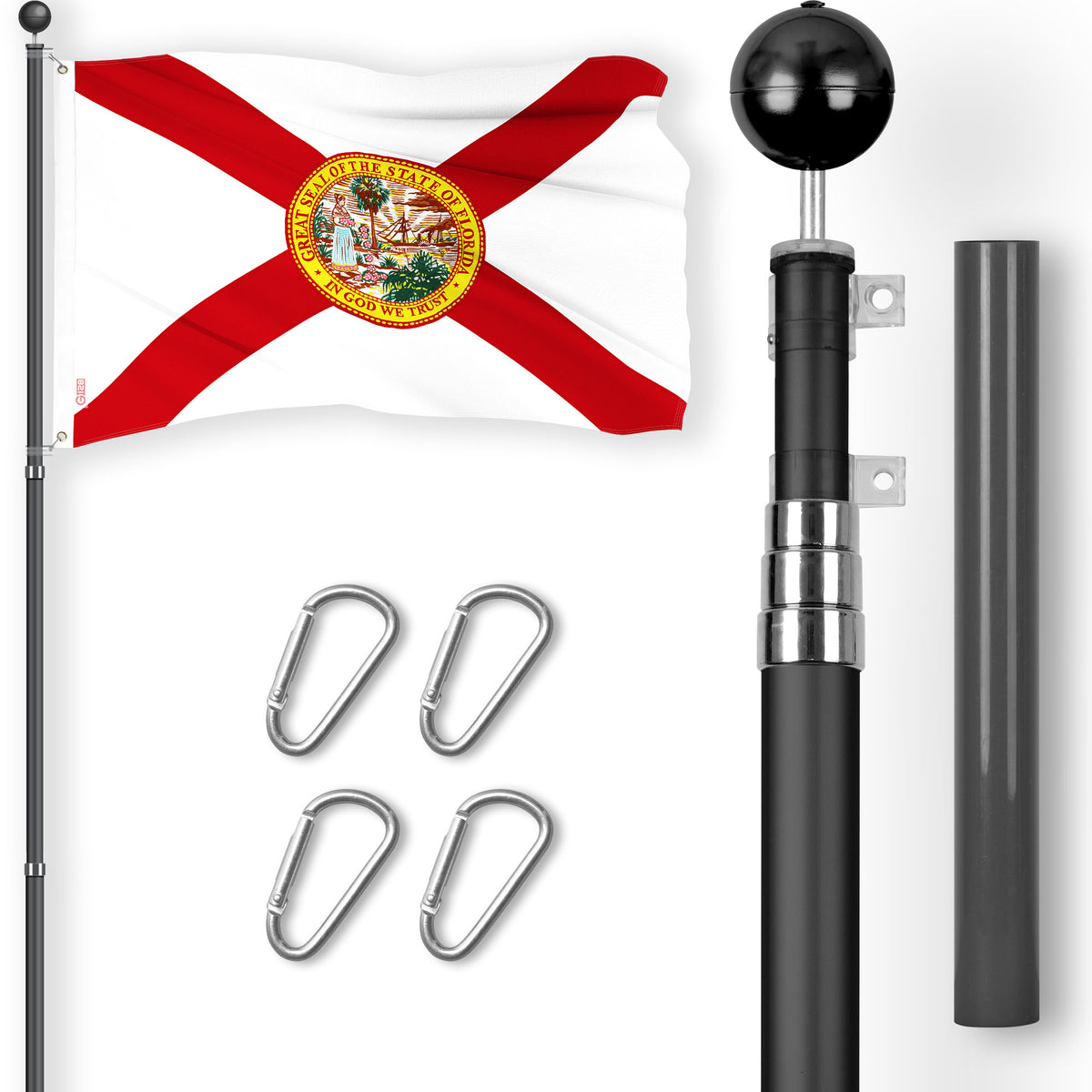 G128 Combo Pack: 16 Ft Telescoping Aluminum Flagpole (Black) & Florida — G128store.com