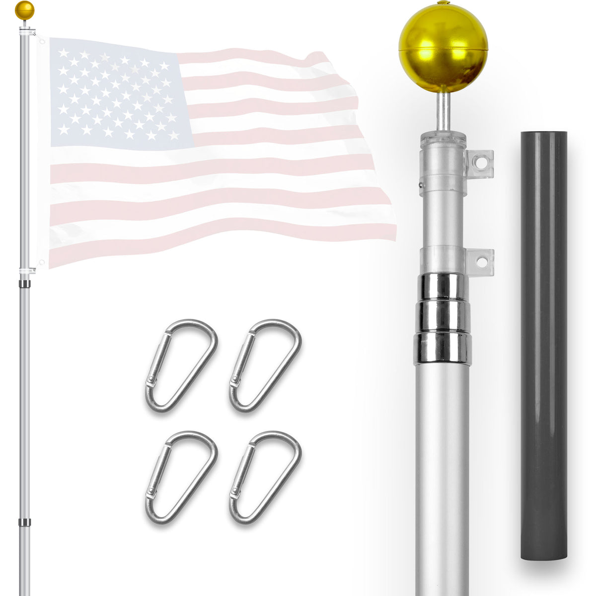 G128 16Ft Telescoping Aluminum Silver Flagpole | In Ground Heavy Duty ...