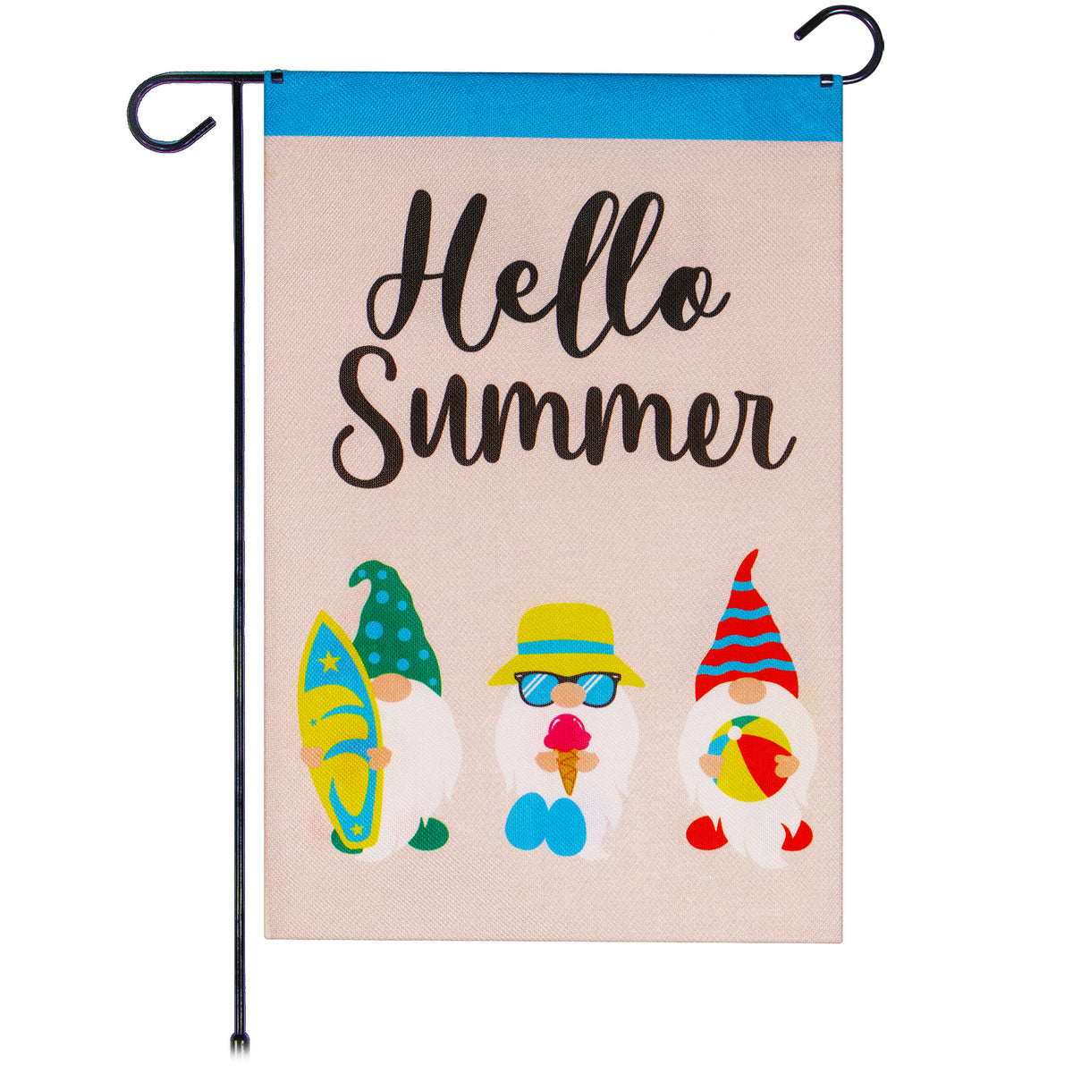 G128 Garden Flag Hello Summer Three Beach-Ready Gnomes 12"x18" Burlap ...